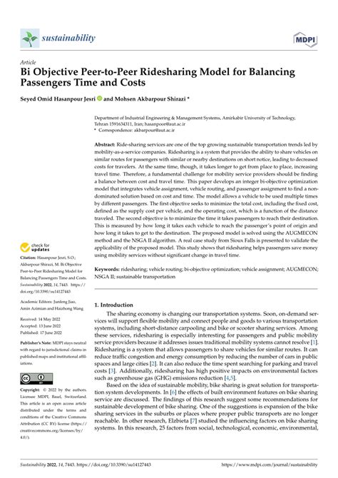 Pdf Bi Objective Peer To Peer Ridesharing Model For Balancing Passengers Time And Costs