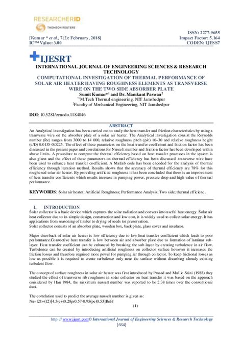 Pdf Computational Investigation Of Thermal Performance Of Solar Air