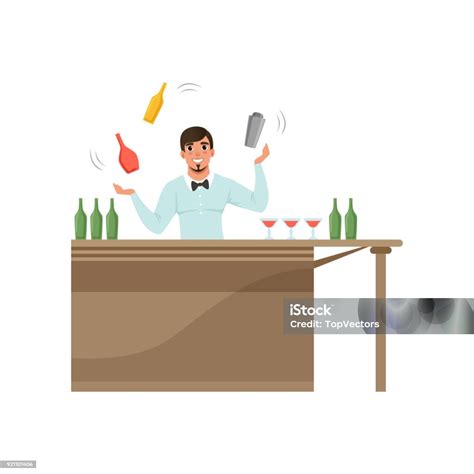 밝은 바텐더 저글링 화려한 병 바 뒤에 서 서 카운터 흰색 배경에 일 만화 벡터 일러스트 레이 션에 바텐더 문자 남자에 대한 스톡 벡터 아트 및 기타 이미지 Istock