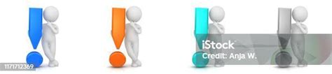 느낌표 아이콘 세트 3d 렌더 그래픽 멀티 컬러 블루 오렌지 실버 회색 경고 기호 기호 흰색 서 생각 스틱 그림 사람 흰색 배경에 고립 된 3차원 형태에 대한 스톡 사진 및
