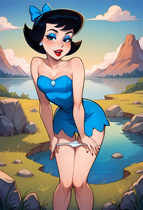 Rule 34 1girl Ai Generated Betty Rubble Black Eyes Black Hair Blue Bow Blue Dress Cleavage