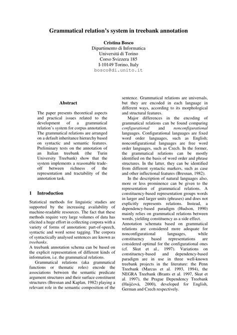Pdf Grammatical Relationss System In Treebank Annotation