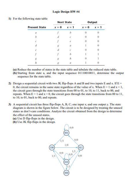 Solved Logic Design HW For The Following State Table A Chegg Com