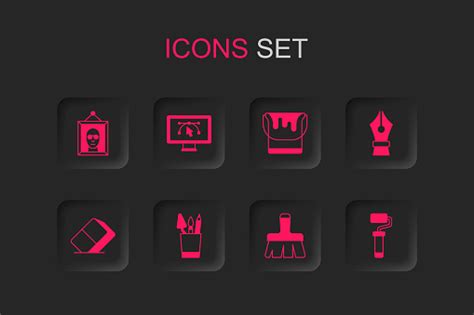 연필 케이스 편지지 디자인 프로그램이있는 컴퓨터 그림 페인트 브러시 만년필 펜촉 롤러 양동이 및 지우개 또는 고무 아이콘을 설정합니다 벡터 개념에 대한 스톡 벡터 아트 및