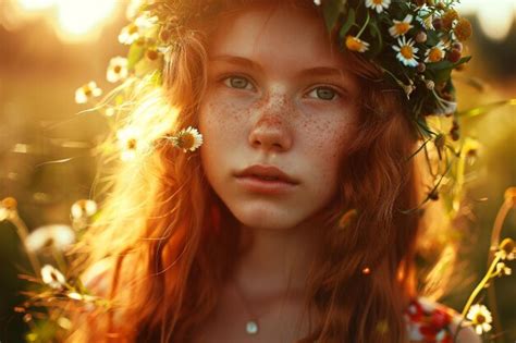 Premium Photo Closeup Of Redhead Girl With Flower Wreath In Summer Meadow