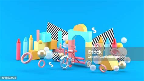 파란색 배경에 화려한 공 중 나무 장난감 크레용과 자전거3d 렌더링 3차원 형태에 대한 스톡 사진 및 기타 이미지 3차원 형태 창의력 교육 Istock