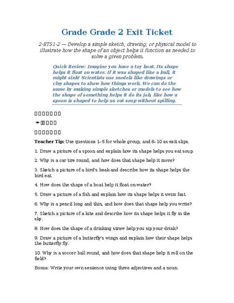 Grade 2 Science Exit Ticket Shape And Function Sketching Activity Exit Ticket