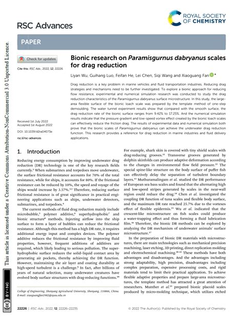 Pdf Bionic Research On Paramisgurnus Dabryanus Scales For Drag Reduction