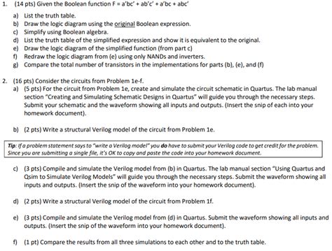 1 14 pts given the boolean function f a bc