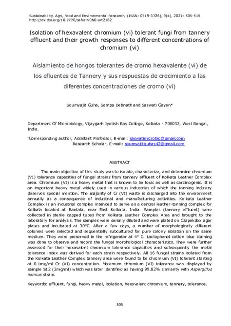 Pdf Isolation Of Hexavalent Chromium Vi Tolerant Fungi From Tannery