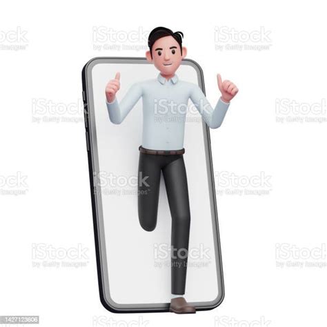 파란색 셔츠를 입은 3d 사업가가 엄지 손가락을하면서 전화 화면 내부에서 나타납니다 가까이 옴에 대한 스톡 사진 및 기타 이미지 가까이 옴 감탄 기업가 Istock