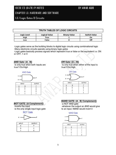 igcse cs 0478 p1 notes chapter 1 3 hardware and software 1 3 1 logic