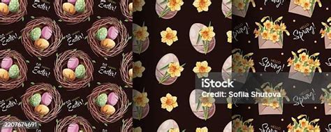 부활절 완벽 한 패턴 둥지와 수선화에 달걀 세트 직물 벽지 포장지 및 휴일 장식에 대 한 봄 꽃 배경 쾌활한 벡터 일러스트 레이 션 3월에 대한 스톡 벡터 아트 및 기타