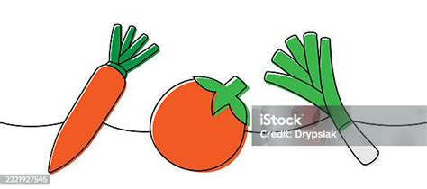 당근 토마토 파 한 줄 연속 드로잉을 색칠했습니다 신선한 유기농 채소 벡터 일러스트 레이 션 건강한 생활방식에 대한 스톡 벡터 아트 및 기타 이미지 Istock