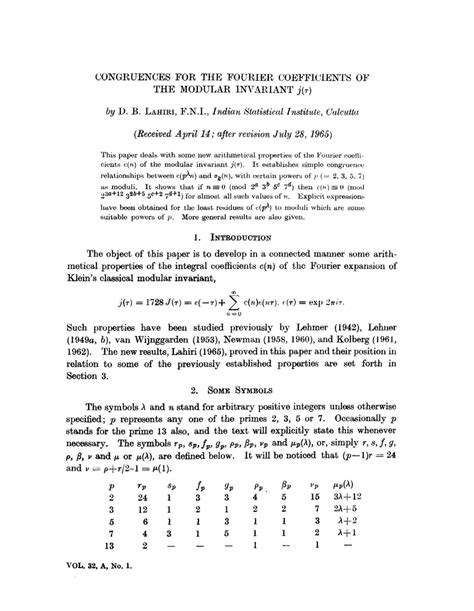 Pdf Congruences For The Fourier Coefficients Of The Modular Invariant J τ