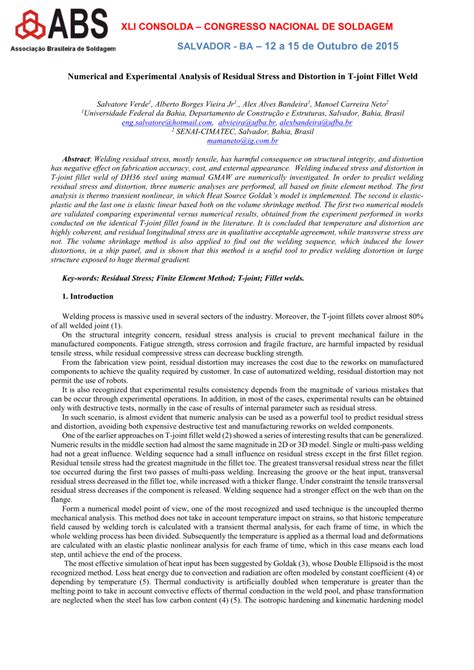 Pdf Numerical And Experimental Analysis Of Residual Stress And Distortion In T Joint Fillet Weld