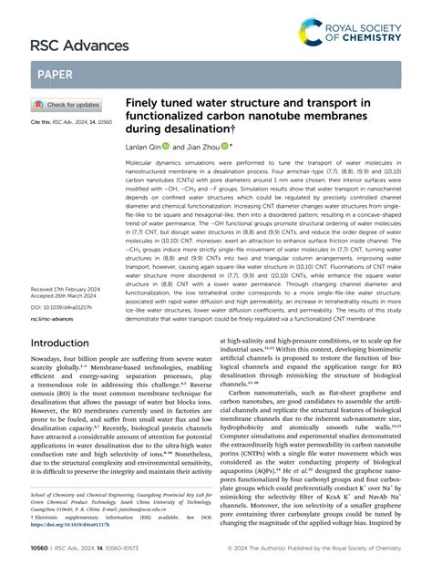 Pdf Finely Tuned Water Structure And Transport In Functionalized Carbon Nanotube Membranes