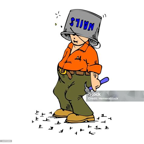 손톱 양동이를 착용 하 고 만화 스타일로 손 망치를 들고 있는 작업자의 벡터 일러스트 레이 션 3차원 형태에 대한 스톡 벡터 아트 및 기타 이미지 Istock