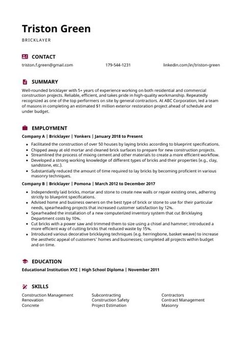 Bricklayer Resume Cv Example And Writing Guide