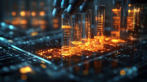 Robot Hand Analyzing Glowing Test Tubes On A Digital Interface Stock