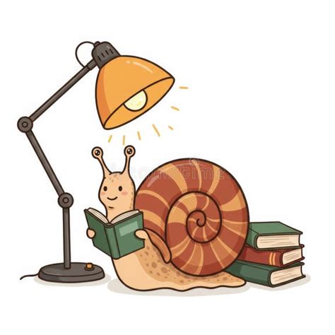 Cute Snail Reading A Book Under A Desk Lamp Stock Illustration