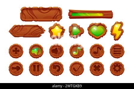Cartoon game ui. Wooden elements and popup menu, buttons and icons. 2d game interface vector ...