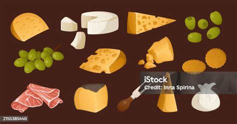 갈색 배경에 다양한 종류의 치즈와 다른 애피타이저와 와인 품목의 큰 세트 사실적인 스타일의 벡터 일러스트 레이 션 체더 치즈에 대한 스톡 벡터 아트 및 기타 이미지 Istock