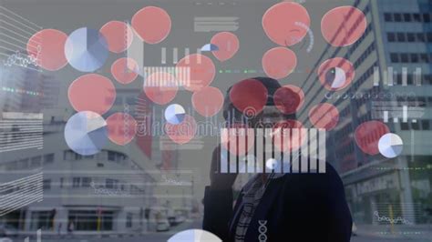 animation of financial data processing and shapes over caucasian