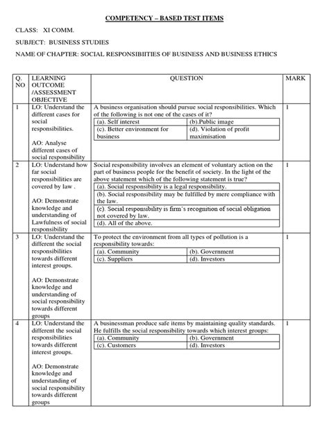 Class Xi Bst Chapter 6 Social Resoposibility Competency Based Test