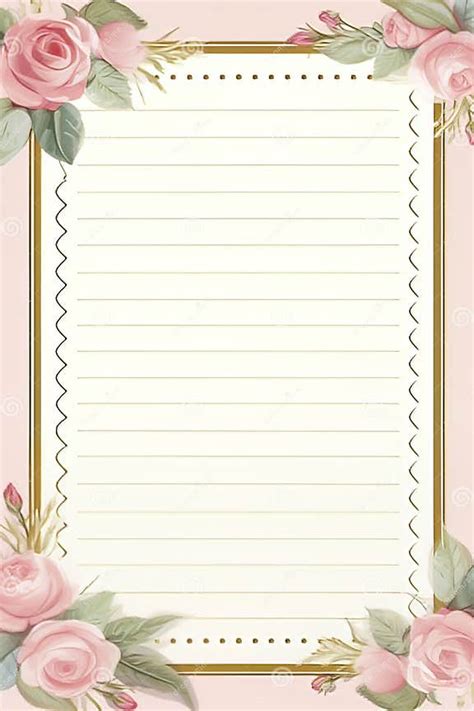 An Illustrated Notepad Thick Writing Lines With Beautiful Pink Rose Border Stock Illustration