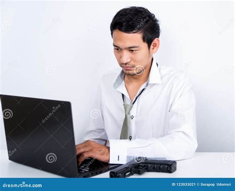 Man And Gun Hacking Laptop Computer Stock Image Image Of Cyber Asia