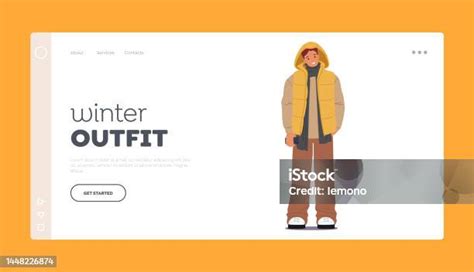 겨울 의상 방문 페이지 템플릿입니다 트렌디 한 청소년 패션 개념입니다 남성 캐릭터는 따뜻한 옷을 입고 벡터 일러스트 레이 션 겨울에 대한 스톡 벡터 아트 및 기타 이미지