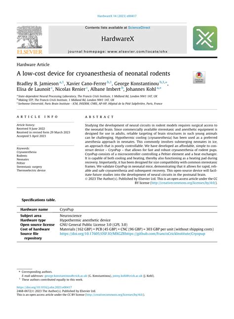 Pdf A Low Cost Device For Cryoanesthesia Of Neonatal Rodents