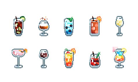 픽셀 아트 클래식 칵테일 세트 복고풍 90 년대 게임 8 칵테일 음료의 픽셀 모자이크 안경의 비트 아이콘 게임 및 스티커에 대한 벡터 픽셀 클래식 파티 음료 16에 대한
