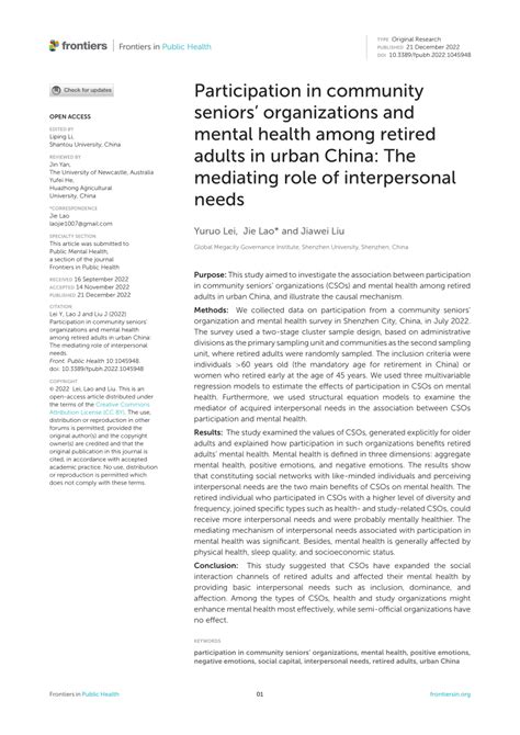 Pdf Participation In Community Seniors Organizations And Mental Health Among Retired Adults