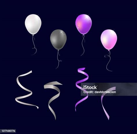 검은 배경에 현실적인 고립 된 다채로운 풍선과 스트리머의 집합 격리된 벡터 요소 3차원 형태에 대한 스톡 벡터 아트 및 기타 이미지 3차원 형태 개체 그룹 공휴일