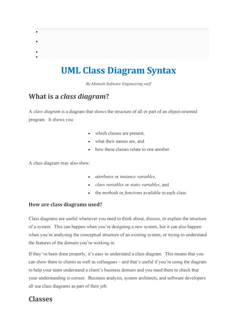 Uml Class Diagram Syntax • • • • Uml Class Diagram Syntax By Monash Software Engineering Staff