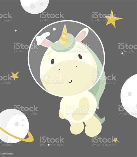공간에 매직 유니콘 만화 스타일 벡터 그림입니다 어린이 물건 카드 포스터 배너 어린이 책 팩인쇄 옷 직물 벽지 섬유 또는 요리에 인쇄 0명에 대한 스톡 벡터 아트 및 기타