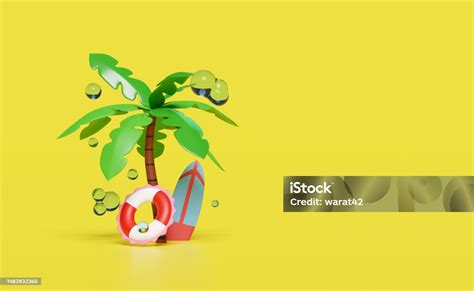 물 안전 물 튀김 야자수 노란 배경에 격리된 서핑 보드를 위한 3d 빨간 흰색 구명 부표 여름 여행 개념 3d 렌더링