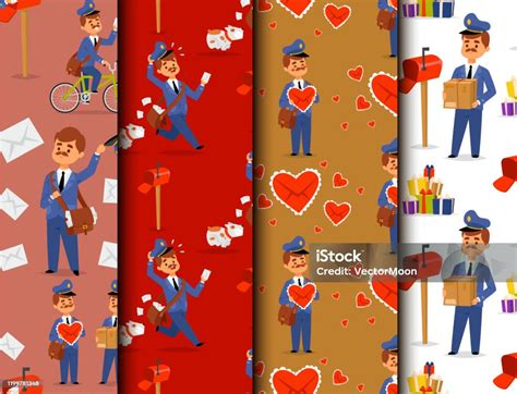 우편 배달 남자 문자 벡터 택배 직업 캐리어 택배 택배 배송 봉투 원활한 패턴 배경으로 전문 인력을 제공 합니다 가공의 인물에 대한 스톡 벡터 아트 및 기타 이미지 Istock