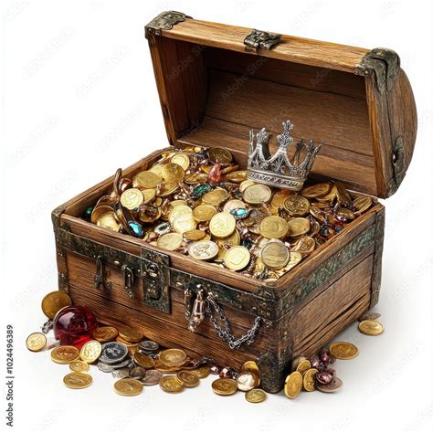 An Open Wooden Treasure Chest Overflowing With Gold Coins Jewelry And A Silver Crown The