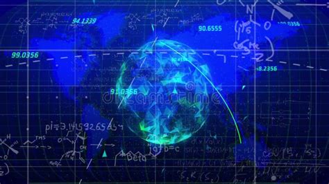 mathematical equations and data points animation over rotating globe