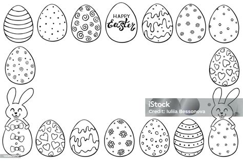 프레임 윤곽 장식 부활절 달걀과 귀여운 토끼와 테두리 벡터 핸드 그린 낙서 템플릿 배경 인사말 카드 장식 색칠 페이지 초대 부활제에 대한 스톡 벡터 아트 및 기타 이미지