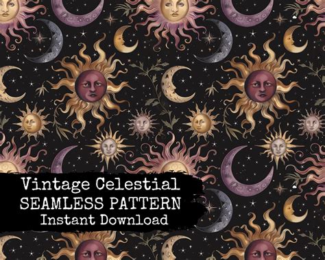 Vintage Celestial Digital Seamless Pattern Sun Moon And Stars Repeat Pattern File Instant