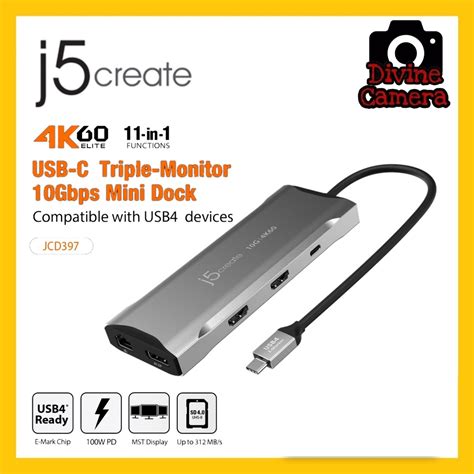 J5 Create 4K60 Elite USB C Triple Monitor 10Gbps Mini Dock Dual Or Triple 4K Display JCD397
