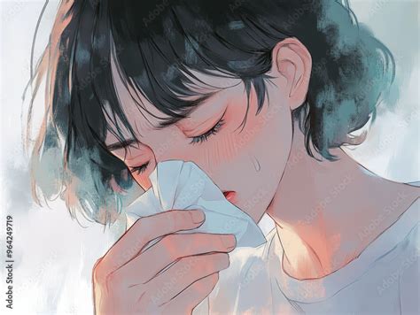Suffering In Silence Anime Character Coughing Into Handkerchief With