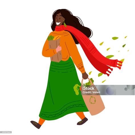 구매와 단풍행복 Hygge 아프리카 계 미국인 여자를 걷고 음식과 채소를 구입 채식주의와 제로 폐기물 라이프 스타일 벡터 플랫 일러스트레이션 가방에 대한 스톡 벡터 아트 및