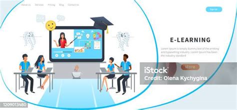 벡터 일러스트 레이션 평면 스타일 온라인 교육 원격 학습 비디오 자습서 전문 비즈니스 프리젠 테이션을보는 학생 컴퓨터 화면에