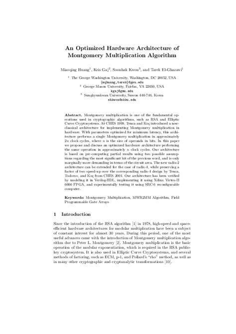 Pdf An Optimized Hardware Architecture Of Montgomery Multiplication