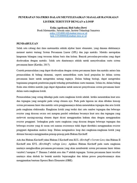 Penerapan Matriks Dalam Menyelesaikan Masalah Rangkaian Listrik Tertutup Dengan N Loop Pdf